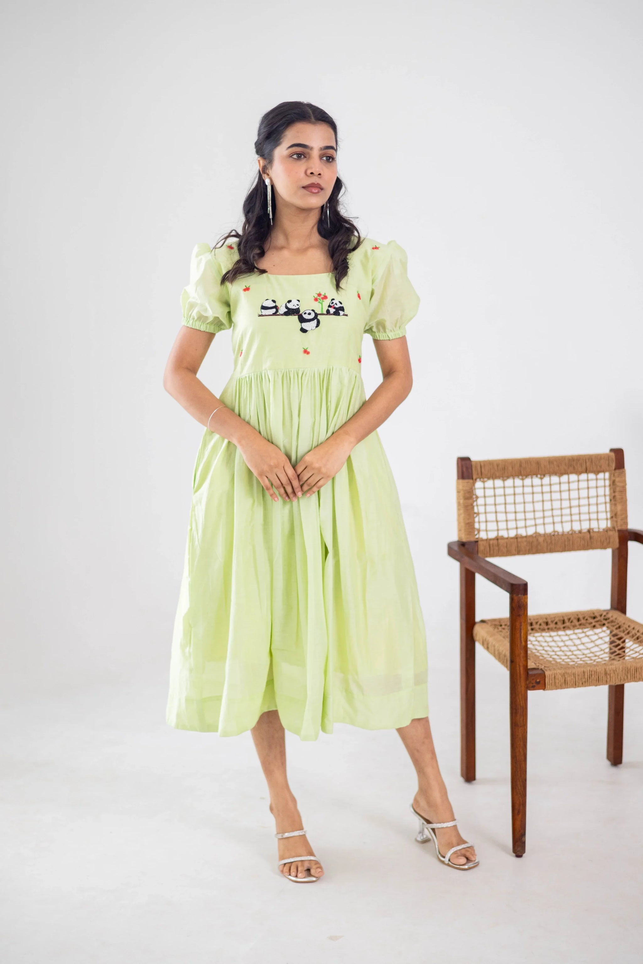 Pista Green Mul Chanderi Dress (Panda Embroidery)